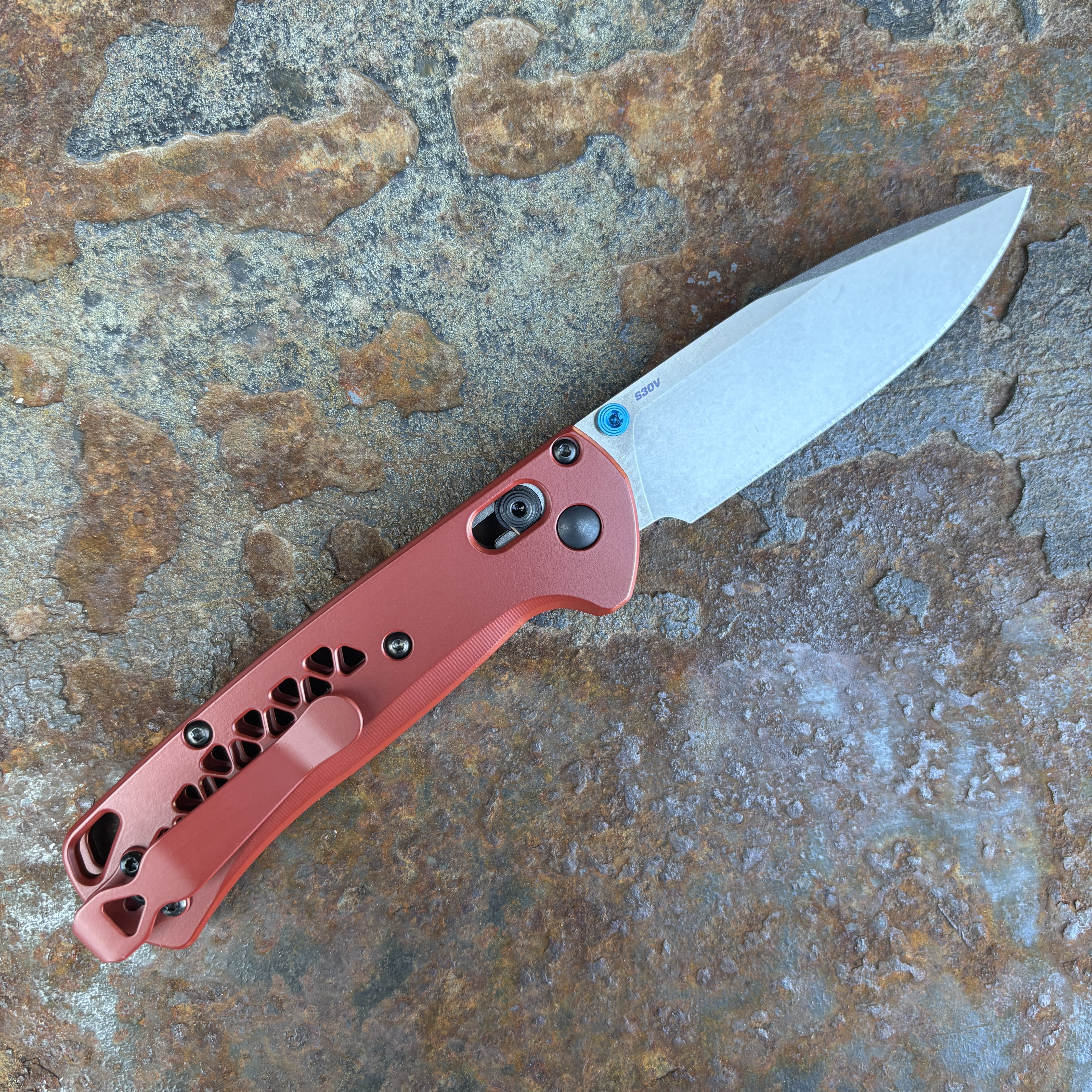 Benchmade Bugout MOD 2 Crimson Red Triangular Speed Hole Titanium Scales Stonewashed S30V MOD ...